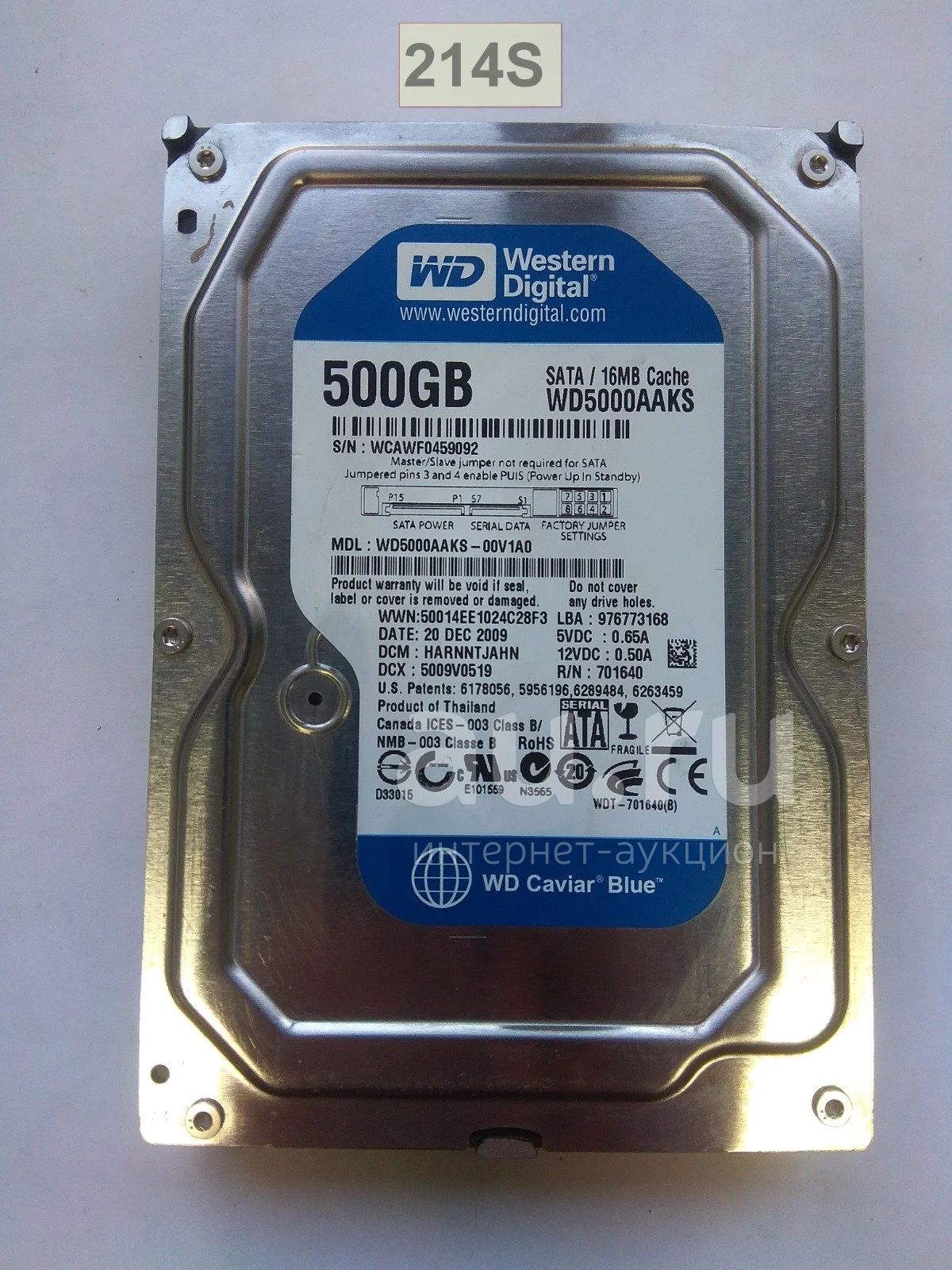 Жесткий диск WD WD5000AAKS-00V1A0 (7200 rpm / 16Мб / 500Гб ) 214S ...
