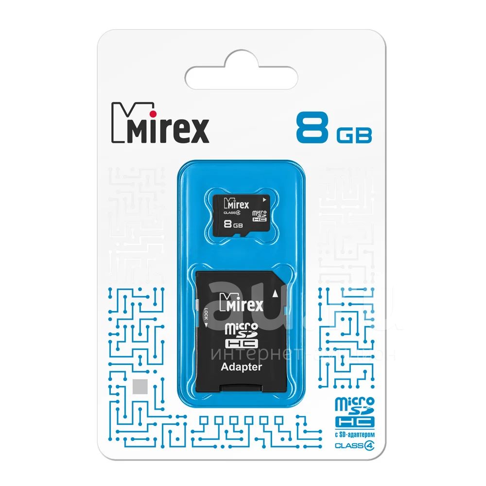 Карта памяти microSD HC 8 GB Mirex класс 4 (+адаптер SD) (13613 ...