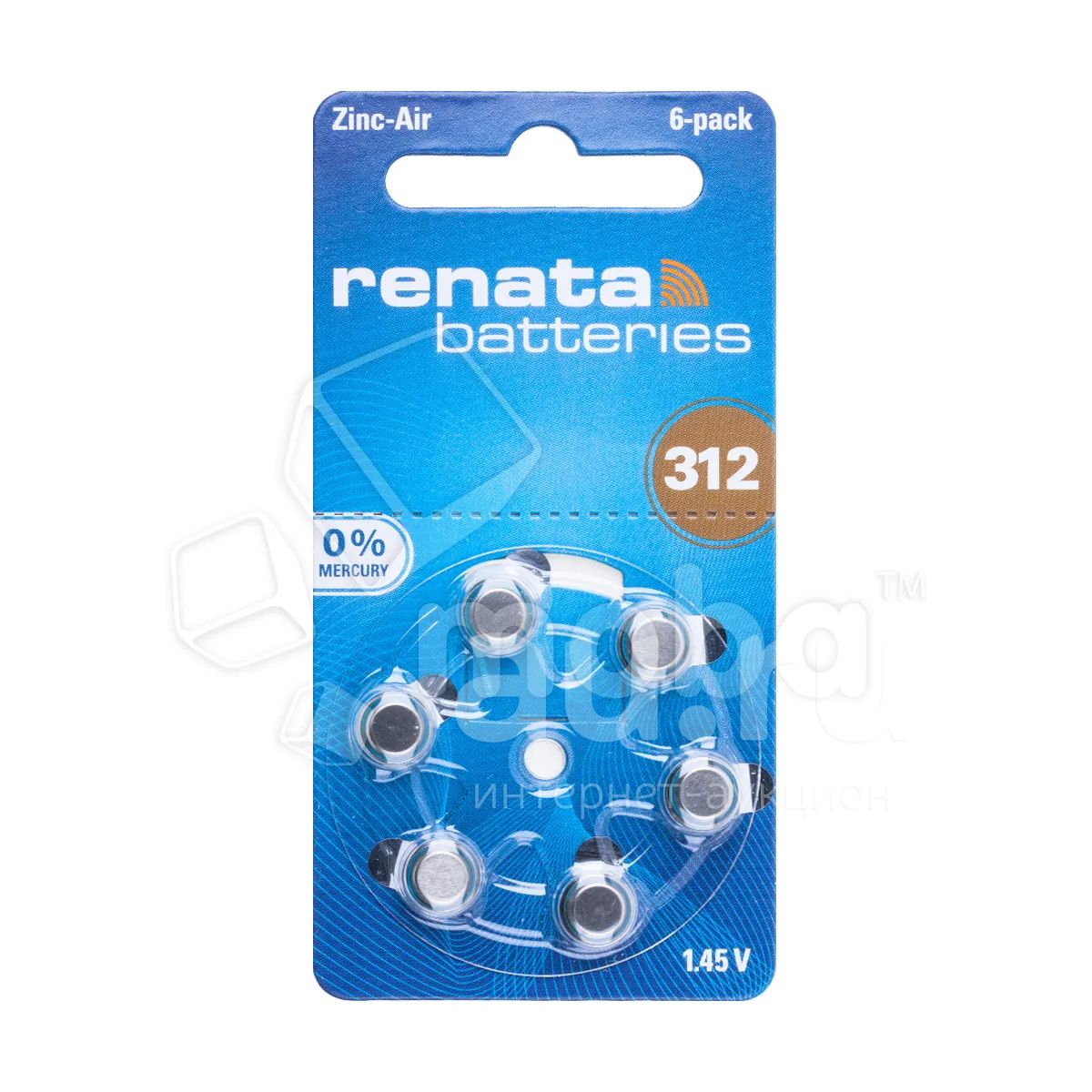 Батарейка ZA312 Renata Zinc Air 1.45V для слуховых аппаратов (6 шт. в ...