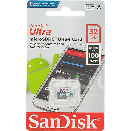 Карта памяти SanDisk Ultra 32GB | microSDHC Class 10 UHS-I 100MB/s | Без адаптера | Наличие | 10 ...