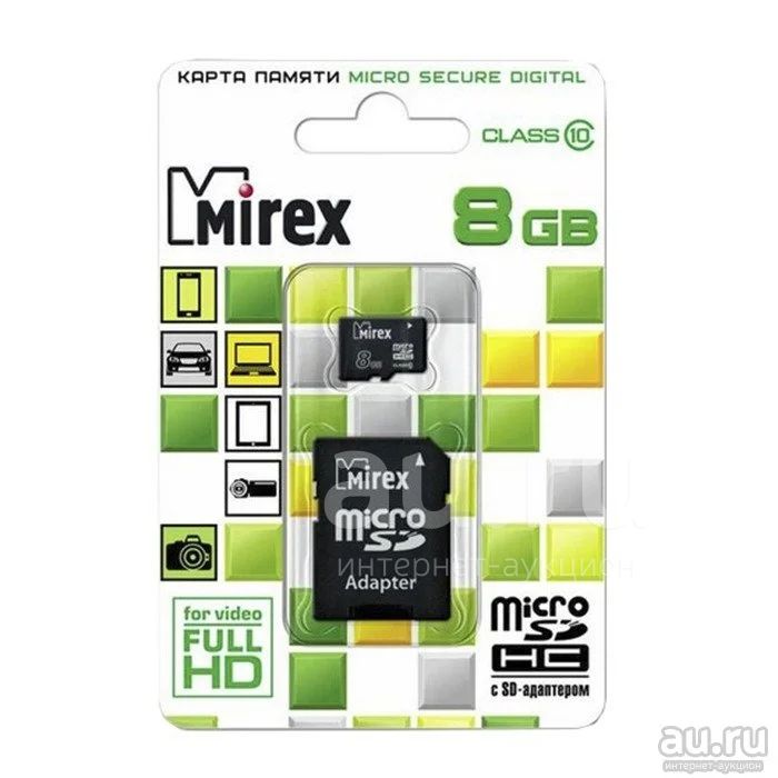 Карта памяти 8Gb MicroSDHC MIREX+SD адаптер class 10 13613-AD10SD08 ...