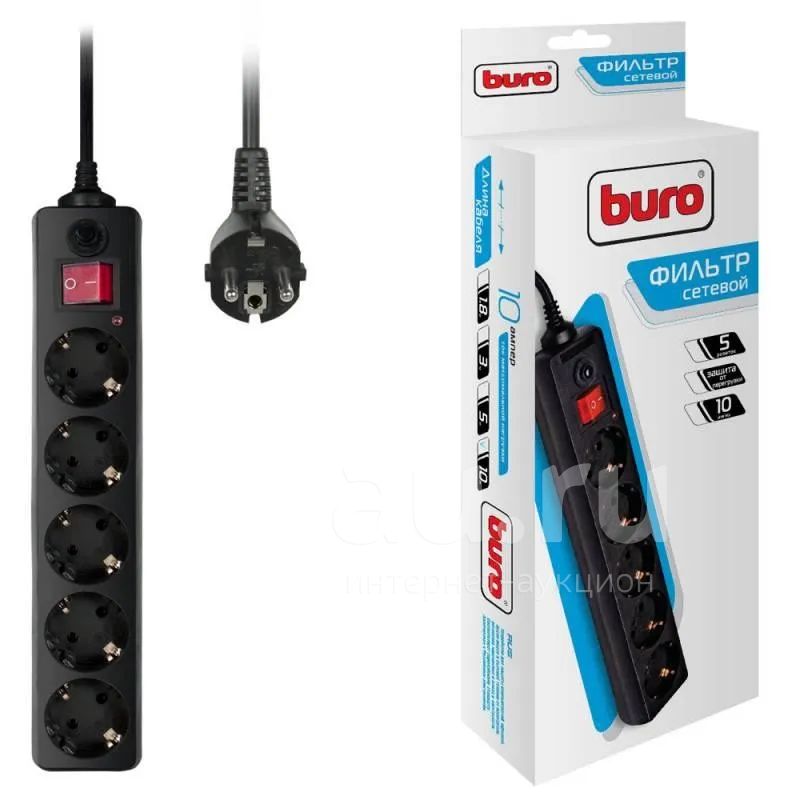 Сетевой фильтр 10м, 5 розеток Buro, 500SH-10-B, 10А, 2200Вт, с ...